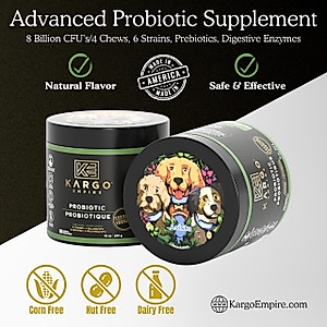Kargo Empire Probiotic Dog Supplement – Supports Digestion & Healthy Immune System – Helps with Gut Health, Itchy Skin, Seasonal Allergies, and Yeast – 4 Billion CFU’s/2 Chews – 140 Soft Chews