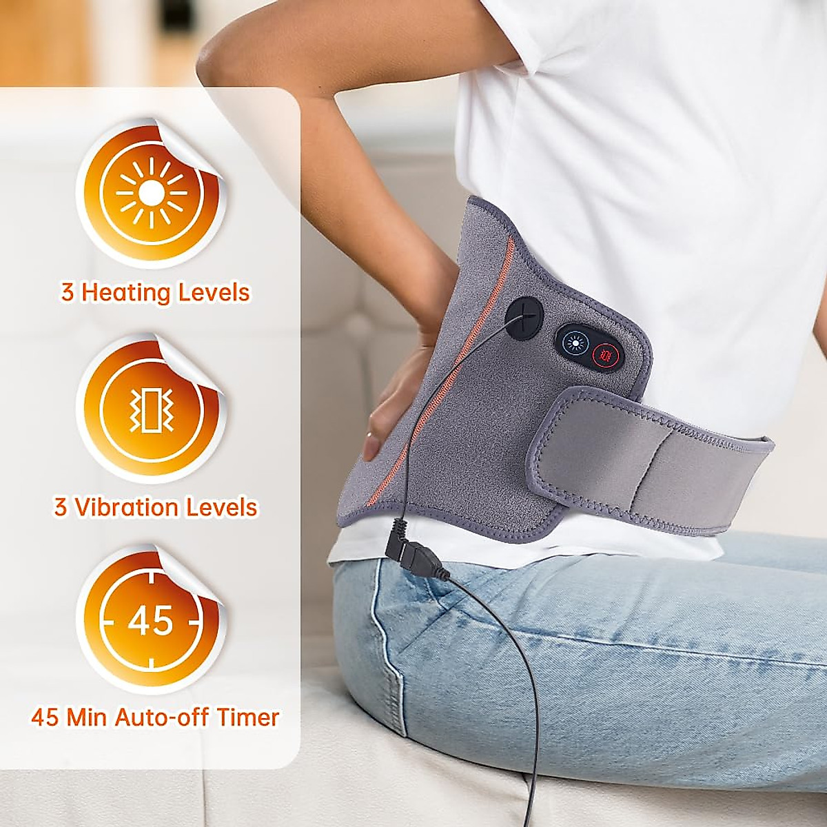 Comfheat Back Heating Pad with Vibration Massage for Lower Back Pain Relief USB Lumbar Heating Pads for Car Travel, Heated Waist Belt Warm Therapy Helpful for Lumbar Spine, Cramps (Non-Rechargeable)