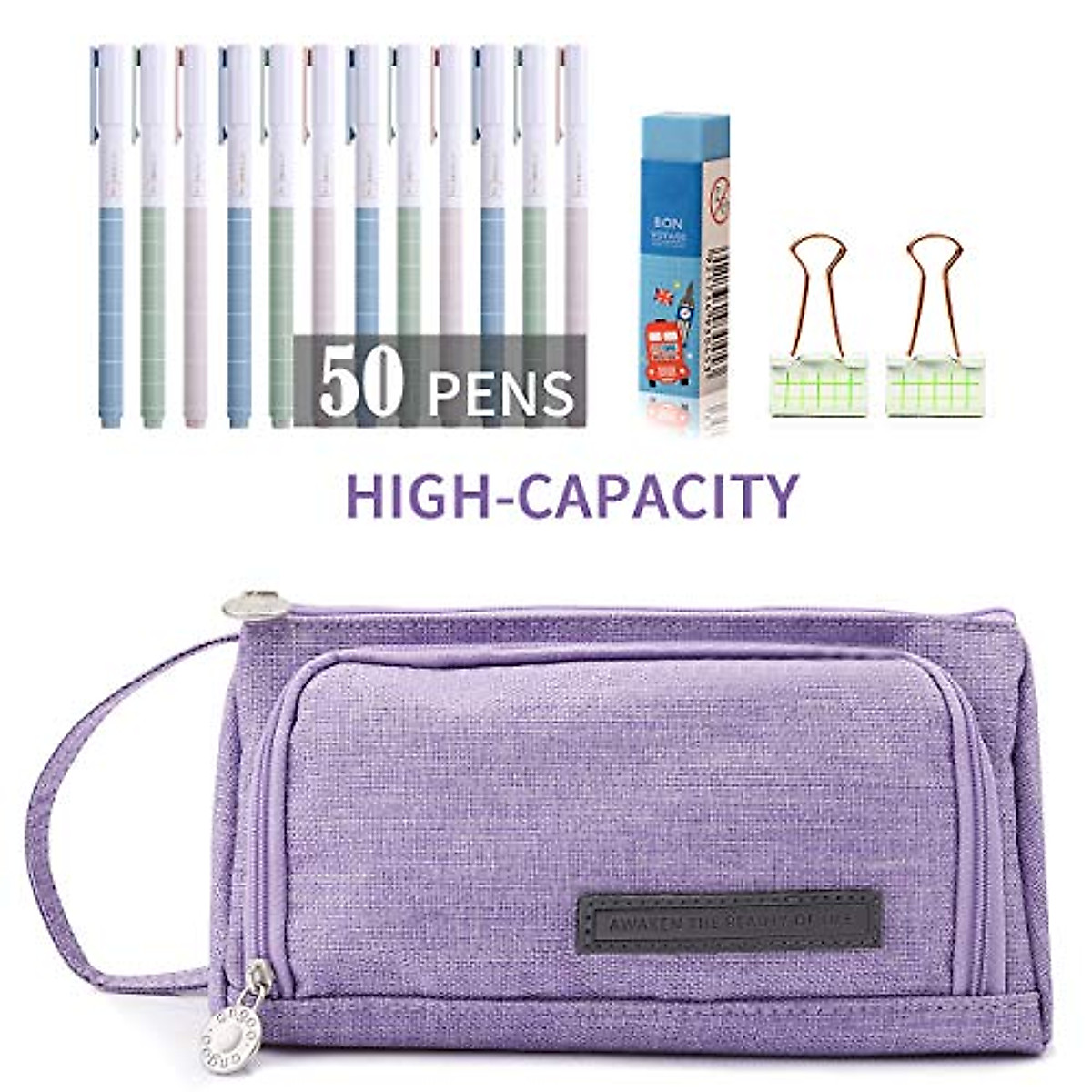 Pencil Case, Yloves Big Capacity Pen Pencil Bag Pouch Box Organizer Holder with 2 PCS Index Tabs for School Office (Purple)