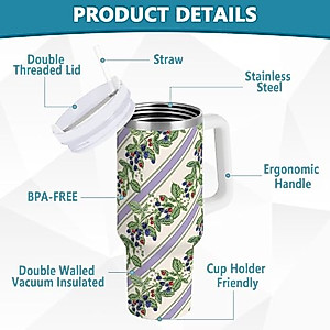 Emelivor Berries Leaves Stripes 30 oz Tumbler with Lid and Straw Insulated Tumblers with Handle Leak Proof Travel Coffee Mug Water Cup Bottles Fits in Car Cup Holder