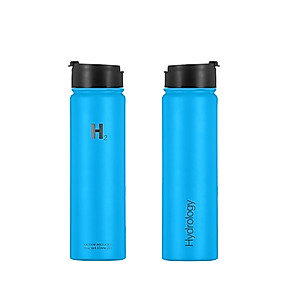 H2 Hydrology Water Bottle - 18 oz, 22 oz, 32 oz, 40 oz, or 64 oz with 3 LIDS Double Wall Vacuum Insulated Stainless Steel Wide Mouth Sports Hot & Cold Thermos (22 oz, Pacific Blue)