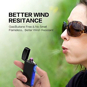 Dual Arc Plasma Lighter with LED Battery Indicator and Box, Rechargeable Windproof Flameless Electric Lighters for Fire Outdoors Camping Hiking Friends