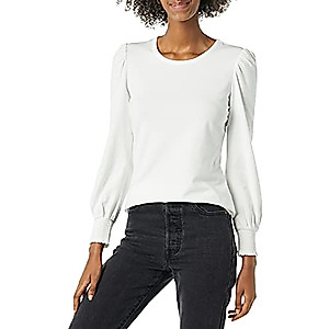 Amazon Essentials Women's Long-Sleeve Crewneck Smocked Cuff T-Shirt, White, Small