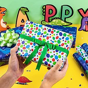 WRAPAHOLIC Birthday Wrapping Paper Roll - Mini Roll - 3 Rolls - 17 Inch X 120 Inch Per Roll - Cute Dinosaurs, Happy Birthday Lettering, Polka Dot for Kid's Birthday, Baby Shower