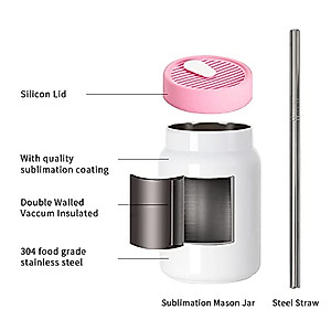 PYD Life Sublimation Mason Jar Tumbler Blanks White 16 OZ with Silicon Lid and Metal Straw Stainless Steel Cups Mugs for Cricut Mug Press and Tumbler Press Print 4 Pack