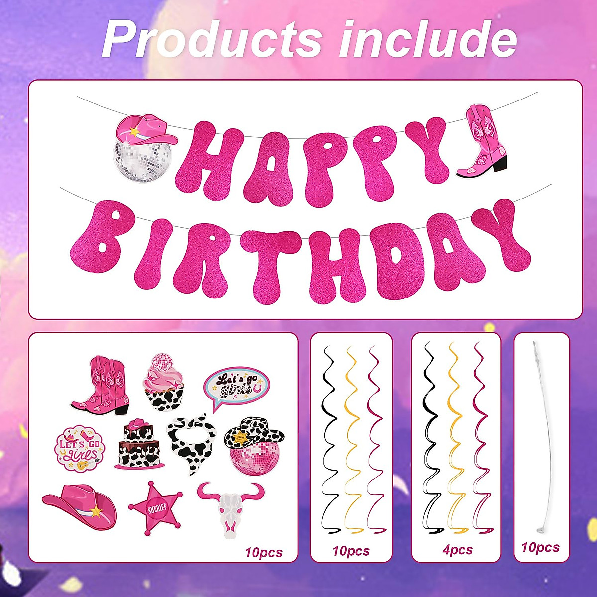 26pcs Cowgirl Birthday Party Decorations, Y2K Preppy Birthday Decorations Cowgirl Party Hanging Swirl Banner Decorations Bachelorette Party Decorations for Girls Women Cowgirl Theme Party (Pattern 1)