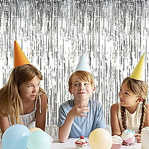 GOER 3.2 ft x 9.8 ft Metallic Tinsel Foil Fringe Curtains Party Photo Backdrop Party Streamers for Birthday,Graduation,New Year Eve Decorations Wedding Decor (4 Packs,Silver)