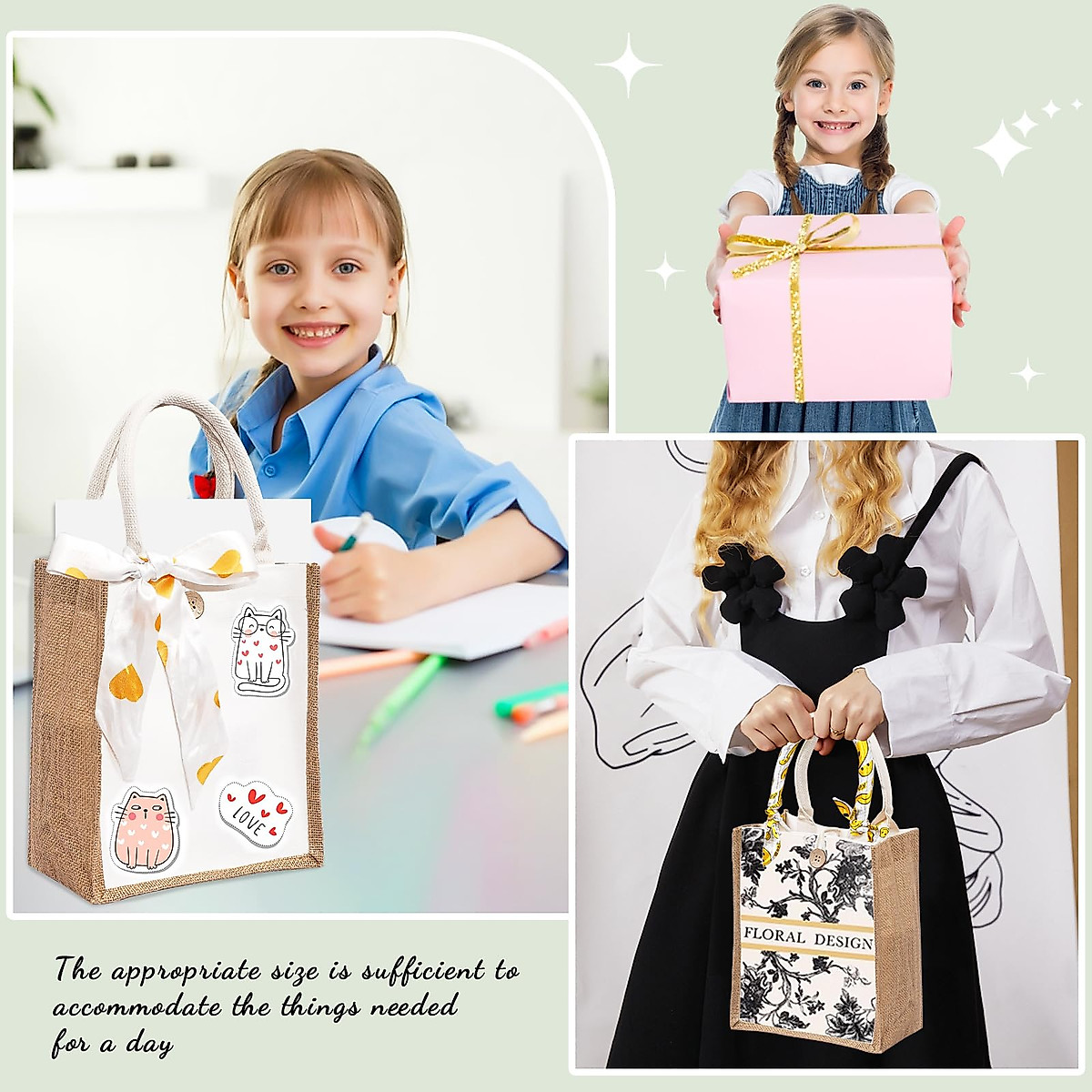 VeyFolzin.st Jute Burlap Totes Bags, Reusable Waterproof Tote Shopping Bag Blank DIY Canvas Gift Bag with Button & Ribbons (B)