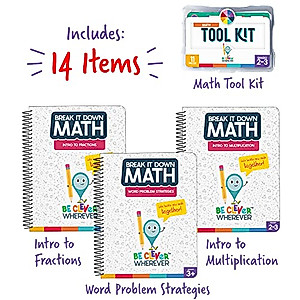 Be Clever Wherever Grade 3 Math Kit, 2nd & 3rd Grade Math Tool Kit, Word Problem Strategies, Intro To Multiplication, and Intro to Fractions Math Reference Books (14 Pc)