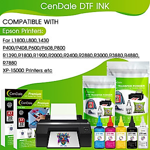 CenDale Premium DTF Ink 600ML- DTF Transfer Ink for PET Film, Refill for DTF Printers Epson L1800, L800, R2400, P400, P800, XP-15000, Heat Transfer Printing Direct to Film ( 100ml x 6, CMYK Wh )