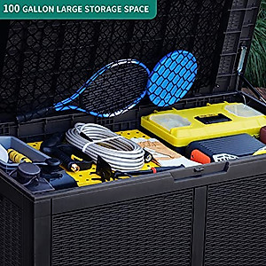 YITAHOME 100 Gallon Large Deck Box w/Storage Net, Resin Outdoor Storage Boxes, Waterproof Patio Cushion Storage Bench for Patio Furniture, Pool Supplies, Garden Tools- Rattan,Lockable (Black)