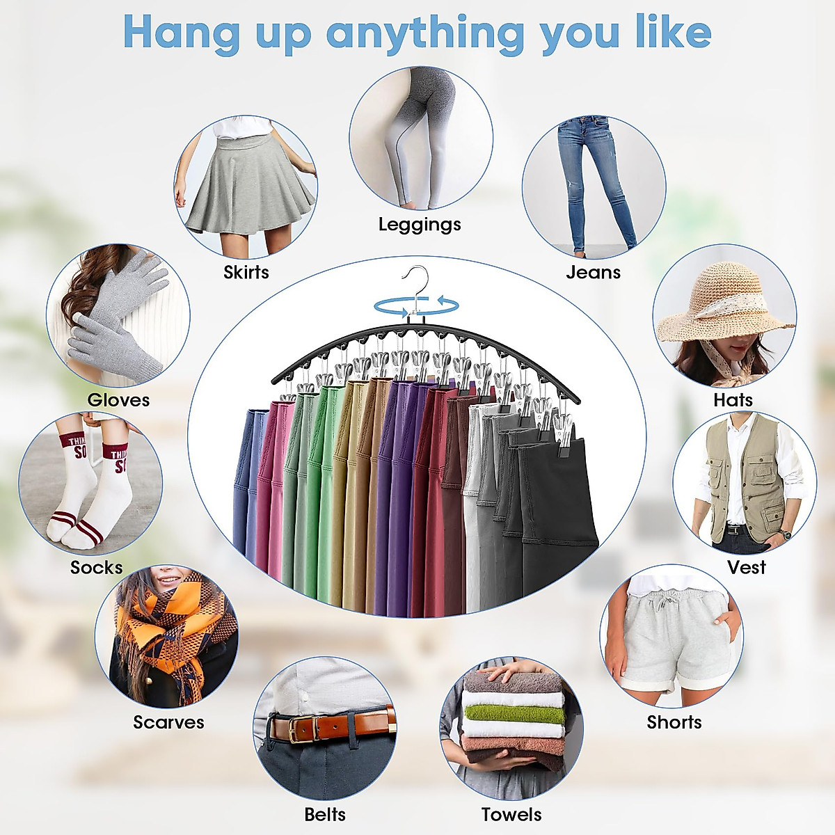 3 Pack Legging Organizer for Closet Hanging, Pants Hangers with 15 Clips Holds 45 Leggings, Shorts, Skirts, Jeans, Hats, Pants Hangers Space Saving Clothes Racks Closet Organizers and Storage, Black