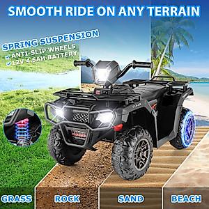 Hikole 12V Kids Ride On Electric ATV, 4 Wheeler Quad Car for Girls Boys w/LED Lights, Music, High/Low Speed,Treaded Tires, 4 Wheeler for Kids(Black)
