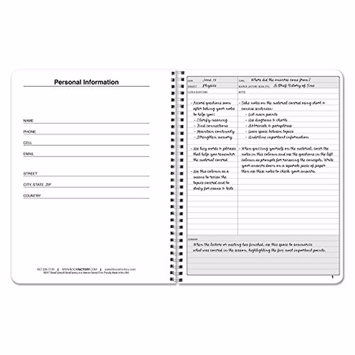 BookFactory Universal Note Taking System (Cornell Notes) / NoteTaking Notebook - 120 Pages, 8 1/2" x 11" - Wire-O (LOG-120-7CW-A(Universal-Note))