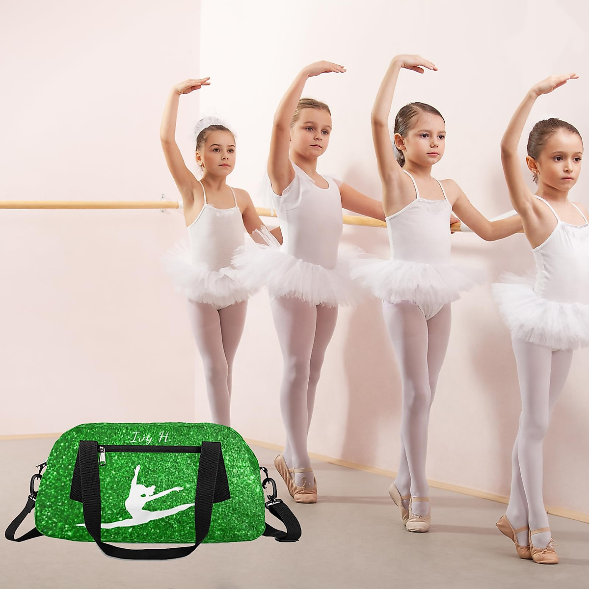 Personalized Custom Kids Duffel Bags, Customized Gifts Sports Gym Bag Custom Name Girls Dance Bag Overnight Weekender Sleepover Carry On Travel Tote Bag for Girls, Green Glitter Dance