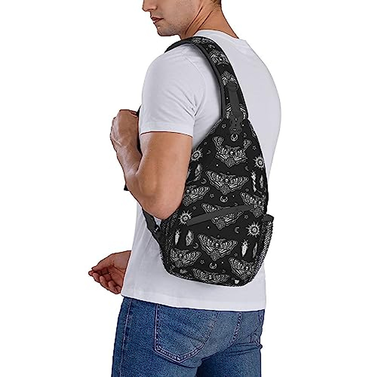 RIMENCH gothic moth skull sun moon black and white Crossbody Sling Backpack Sling Bag Travel Hiking Chest Bag Daypack