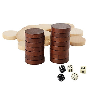 Amerous Wooden Checkers Pieces Nature Wood Backgammon Pieces with Drawstring Bag, 5 Dices Included