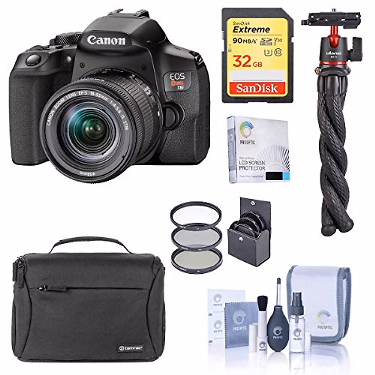 Canon EOS Rebel T8i DSLR Camera with 18-55mm Lens, Bundle with Bag, 32GB SD Card, Mini Tripod, Filter Kit, Screen Protector and Accessories