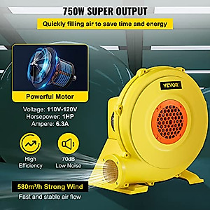 VEVOR Air Blower, 750W 1HP Inflatable Blower, Portable and Powerful Bounce House Blower, 2000Pa Commercial Air Blower Pump Fan, Used for Inflatable Bouncy Castle and Jump Slides, Yellow