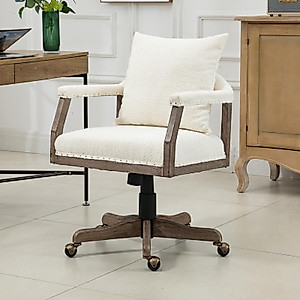 NIOIIKIT Home Office Desk Chair, Wooden Height Adjustable Swivel Task Chair, Boucle Upholstered Study Chair with Pillow, Computer Executive Chair, Vanity Chair for Bedroom (Beige)