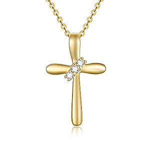 SISGEM 14K Gold Natural Diamond Cross Necklace, Real Yellow Gold Blessing Cross Pendant Jewelry Anniversary Present for Women, 18 Inch Gold Adjustable Chain
