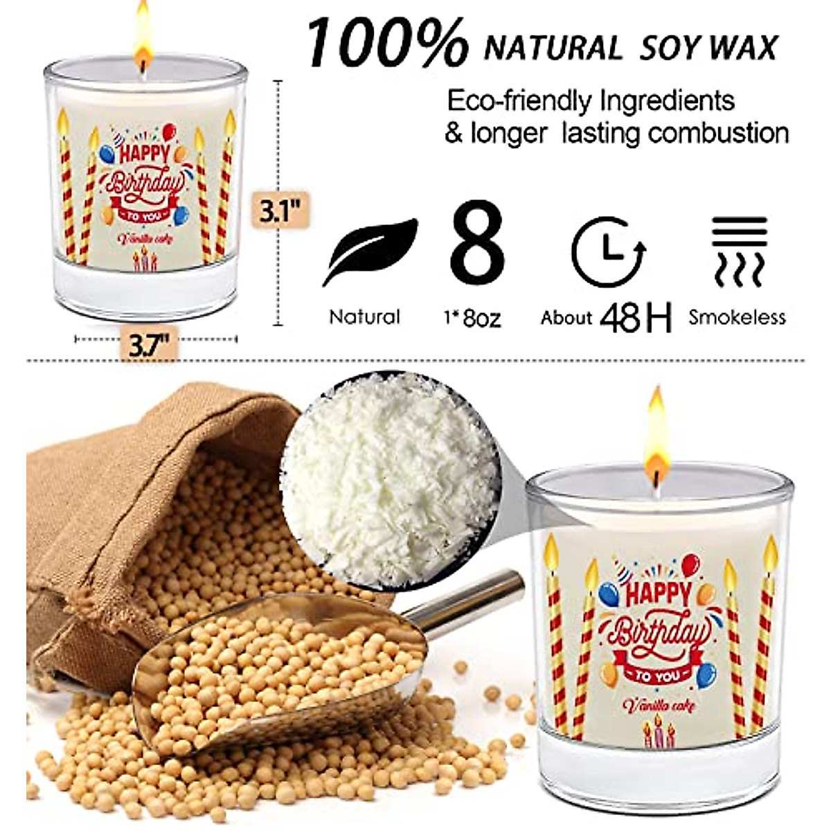 Wishing Candles Big Glass Vanilla Cake Soybean Candles, 60 Hour Cream Scented Birthday Candles, White, 8 Ounces for Birthday Gifts, Parties and Holiday Decorations