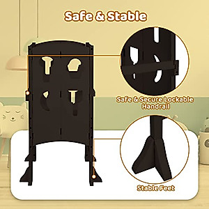 Kitchen Step Stool for Kids, Toddler Wooden Standing Learning Tower, Folding Child Step Stool, Safety Cooking Standing Stool for Children with Lockable Handrail, Espresso