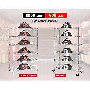 FDW 48 inch L×18 inch W×76 inch H Wire Shelving Unit Metal Shelf with 6 Tier Casters Adjustable Layer Rack Strong Steel for Restaurant Garage Pantry Kitchen Garage, Chrome