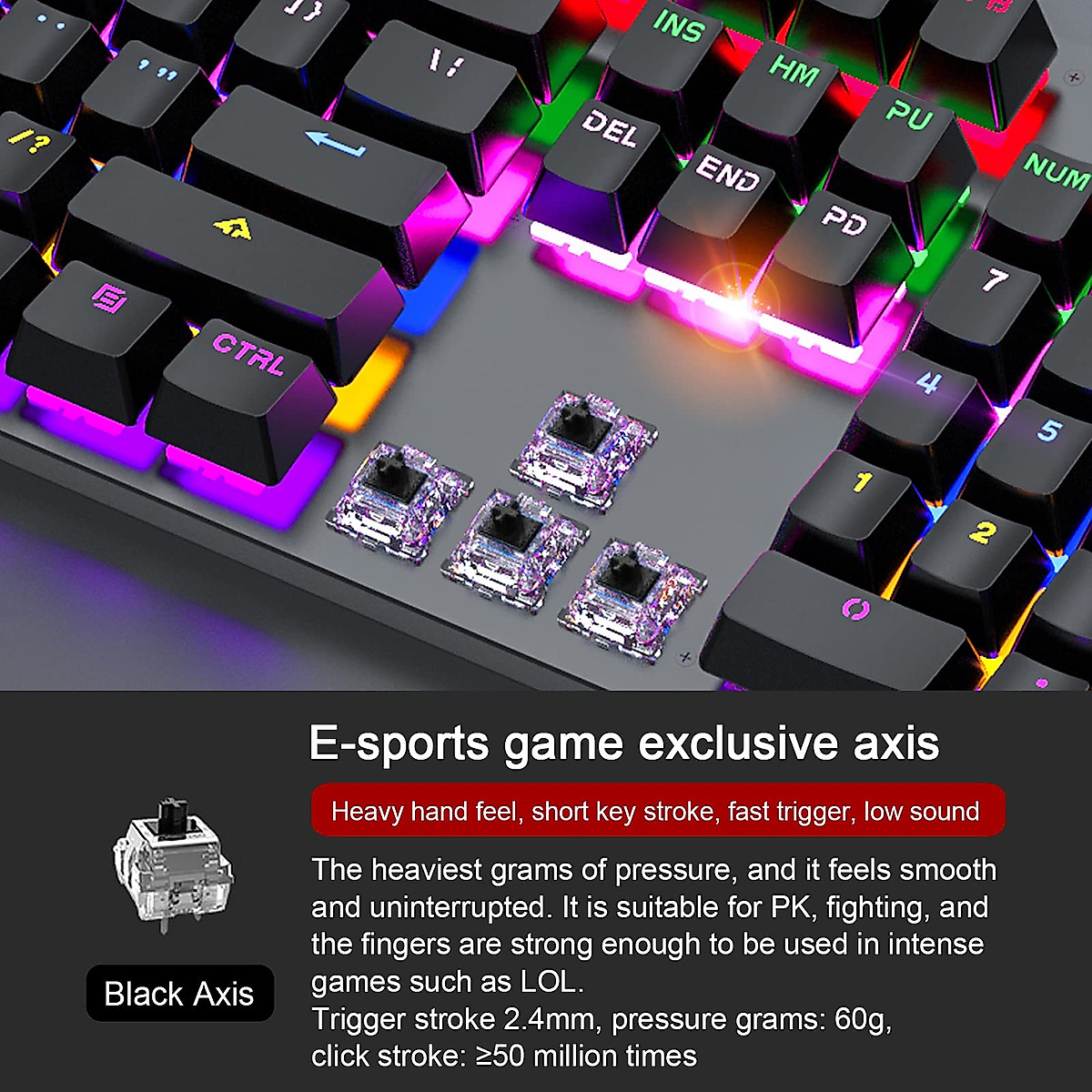 HotTopStar Wired Mechanical Gaming Keyboard, Computer Gaming Keyboards, USB Wired Mechanical LED Keyboard Rainbow Backlit Keyboards Black Axis for PC and Desktop Computer (104 Keys, Black)