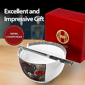 Hagary Dragon Ramen Bowl with Chopsticks Ceramic Bowl Stainless Steel Chopsticks Japanese Style Udon Miso Noodle Soup Bowls Housewarming Wedding Gifts Designed in Korea (Black, 30oz)