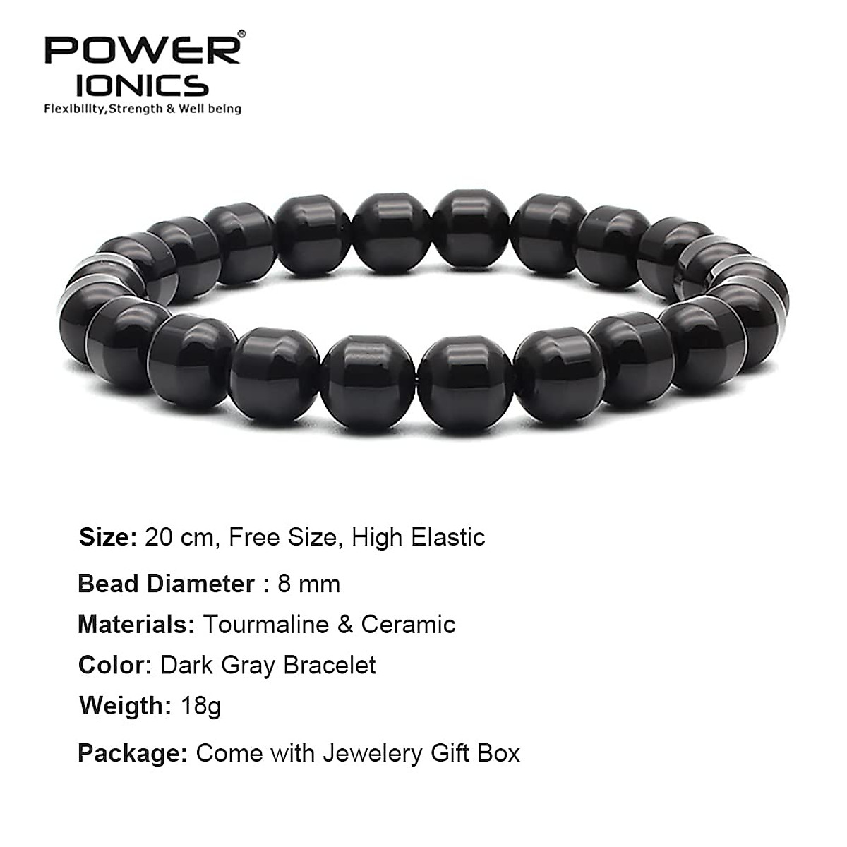 Power Ionics Black Tourmaline Bracelet Protection Bracelet Women Bracelets Healing Bracelets for Women, 0.3 inch Dark Gray Beaded Bracelets 7.7 inch High Elastic Size