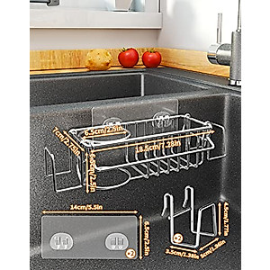 SWTYMIKI 5 in 1 Sponge Holder for Kitchen Sink, Stainless Steel Sink Caddy with Dishcloth Holder for Brush & Sponge in Sink Sponge Caddy with 2 Strong Adhesives in Silver