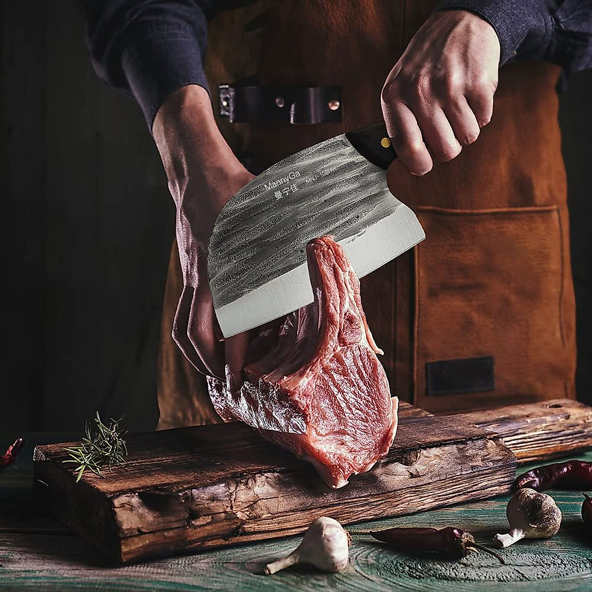 MannyGa Meat Cleaver Knife 6 Inch Serbian Chef Knife Ultra Sharp 5Cr15 Stainless Steel Butcher Knife with Full Tang Handle for Home Kitchen and Outdoor Cooking.