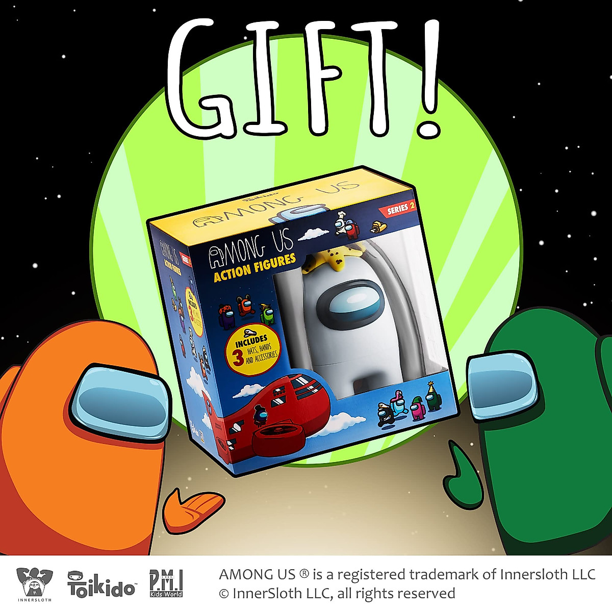 P.M.I. Among Us Action Figure |One of Four 6.7-Inch-Tall Collectibles | Among Us Toys and Playable Mini Toys | White Crewmate in The Spotted Peeled Banana Hat with Hidden Hat and Hands | Kids’ Toys