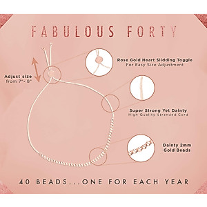 Lucky Feather 40th Birthday Gifts for Women, 14K Rose Gold Dipped Beads Bracelet on Adjustable 7"- 8" Cord - Perfect 40th Birthday Gift Ideas for Her (rose-gold-plated-base)