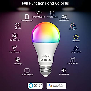 KHSUIN Smart Light Bulbs,Dimmable 2700K-6500K RGBCW Color Changing Alexa Light Bulb Works with Alexa,Echo,Google Home,E26 A19 WiFi Light Bulbs(80W Equivalent)Amazon Certified Alexa Smart Bulb,2 Pack