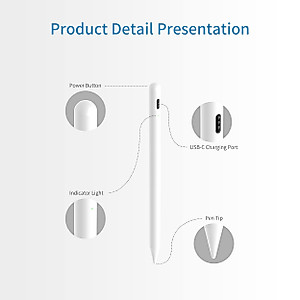 Bluetooth Stylus Pen Fit for Pro 12.9-inch (5th Generation) 2021 Model A2378 A2461 A2379 A2462 with Camera Shutter Remote Control, Tilt Sensitive, Battery Level Display, Palm Rejection Pencil