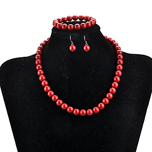 LUREME Fashion Style Pearl Elastic Necklace Bracelet Dangle Earring Set-Red(09000649-7)