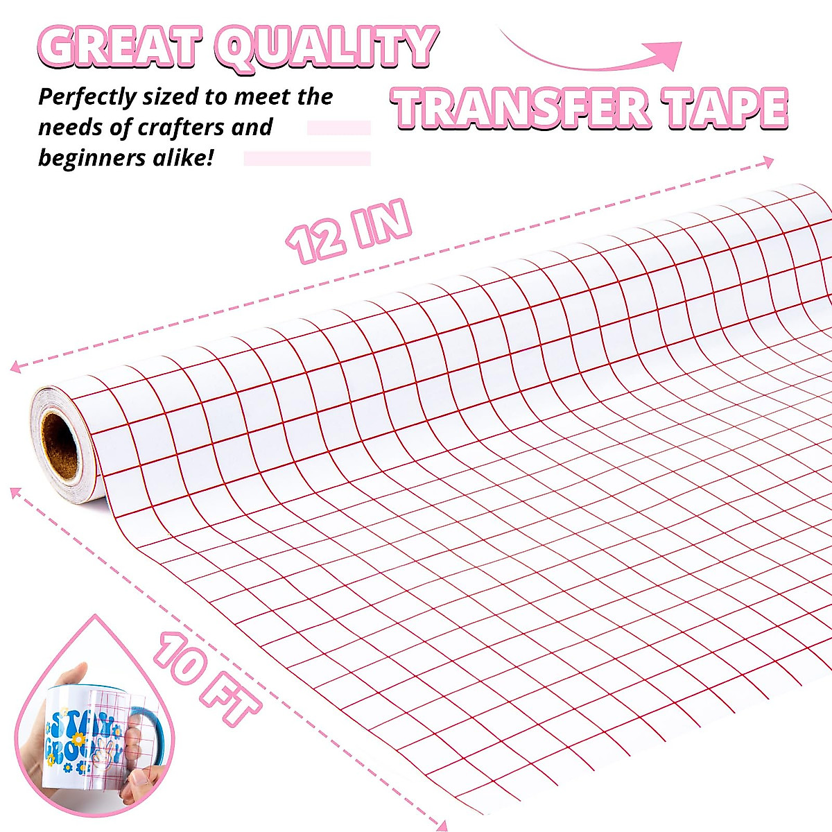 Transfer Tape for Vinyl - 12" x 10 FT w/Red Alignment Grid Clear Transfer Paper for Adhesive Vinyl - Medium Tack Vinyl Transfer Tape for for Decals Signs Windows Stickers