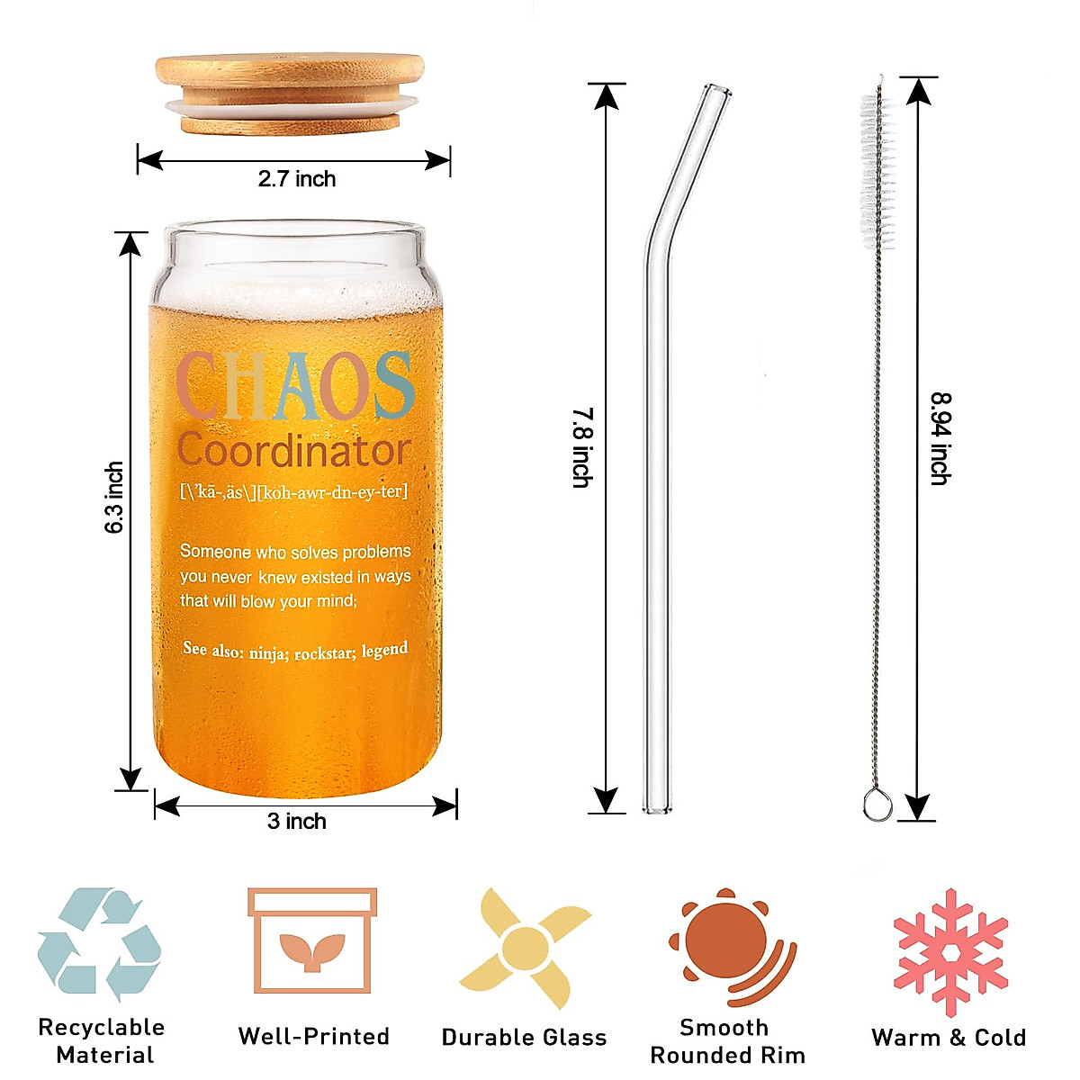 Tikem Kitch Chaos Coordinator Gifts for Women - Thank You Gift for Coworker - Boss Lady Gifts for Women - Teacher Appreciation Gifts Ideas - 16oz Glass Coffee Cup with Lid and Straw (1 Count)