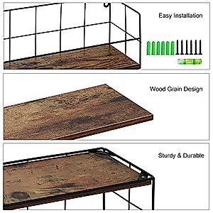 HORLIMER Floating Wall Shelves Set of 3, Rustic Wood Wire Frame Hanging Shelf for Bathroom Bedroom Living Room Kitchen