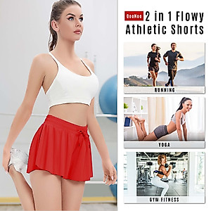 QooNoo 2 in 1 Athletic Shorts for Women Flowy Running Butterfly Shorts with Pockets High Elastic Gym Shorts Workout Tennis Skorts (Red,Small)