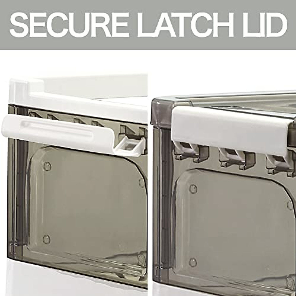 EZOWare 15 Quart Stackable Lidded Plastic Storage Bins with Front Opening and Wheels, 2 Pack Foldable Organizer Cube Box Containers with Latch Lid - White and Clear Gray