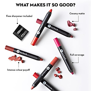 SUGAR Cosmetics Matte As Hell Crayon Lipstick32 Miss Rosa (Dusky Rose) with SharpenerHighly pigmented, Creamy Texture, Long lasting Matte Finish
