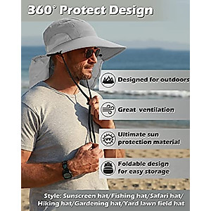 Wide Brim Sun Hat with Neck Flap, UPF 50+ Hiking Safari Fishing Caps for Men and Women Gray