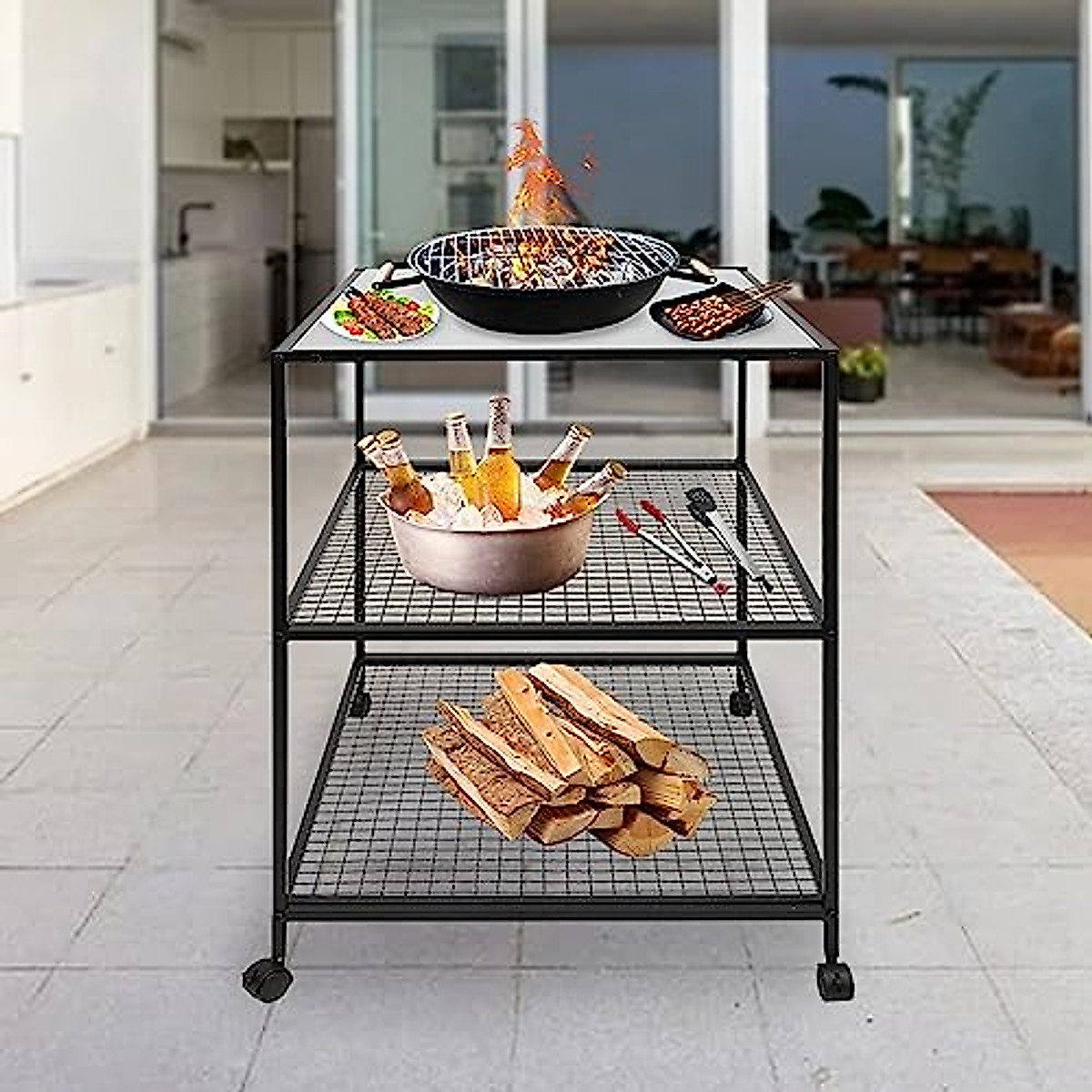 YETINGSHOP Three-Shelf Movable Food Prep and Work Cart Table Stainless Steel Grill Cart Cart Modular Table Suitable for Camping, Indoor and Outdoor, Dining Tables (Without a Handle)