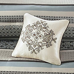 Madison Park Cozy Comforter Set - Luxurious Jaquard Traditional Damask Design, All Season Down Alternative Bedding with Matching Shams, Decorative Pillow Princeton Blue Queen(90"x90") 7 Piece