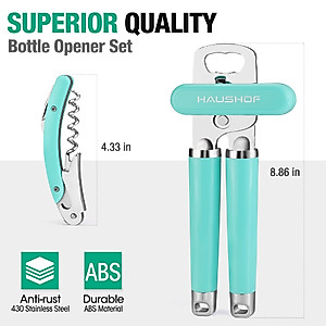 HAUSHOF 2PC Multifunctional Can Opener Set, Can Opener Manual with Comfortable Grip and Sharp Blade, Built in Bottle Opener, Wine Opener
