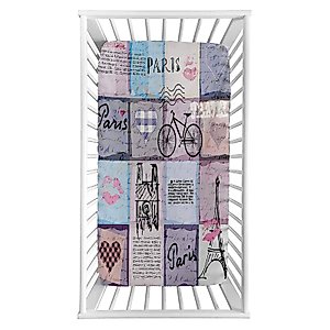 Paris Fitted Crib Sheet,Grunge Textured Retro Collage of Paris with Famous Object Eiffel Tower Europe Theme Microfiber Silky Soft Toddler Mattress Sheet Fitted,28"x 52"x 8'',Baby Sheet for Boys Girls