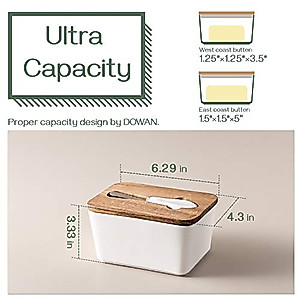 DOWAN Porcelain Butter Dish with Knife - Covered Butter Container with Wooden Covers for Countertop, Farmhouse Butter Dish with Lid Perfect for East West Coast Butter, White